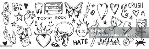 낙서 바위 그런 지 세트 낙서 그루비 벡터 펑크 하트 프린트 키트 이모 고딕 손으로 그린 해골 기호 문신에 대한 스톡 벡터 아트 및 기타 이미지 Istock