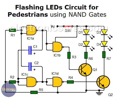Flashing LEDs Circuit For Pedestrians Using NAND Gates Electronics Area
