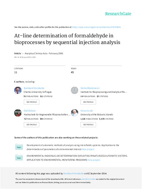 Pdf At Line Determination Of Formaldehyde In Bioprocesses By Sequential Injection Analysis