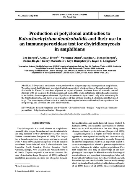 Pdf Production Of Polyclonal Antibodies To Batrachochytrium Dendrobatidis And Their Use In An