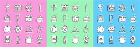 세트 라인 호박 폭발 할 준비가 폭탄 성 두개골 고기 헬기 Rip 작성 삭제 표시 나무 도끼와 아이콘 벡터 10월에 대한 스톡 벡터 아트 및 기타 이미지 Istock