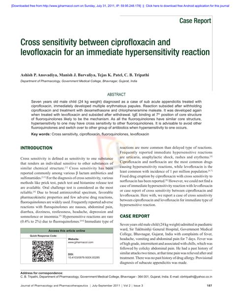 Pdf Cross Sensitivity Between Ciprofloxacin And Levofloxacin For An Immediate Hypersensitivity