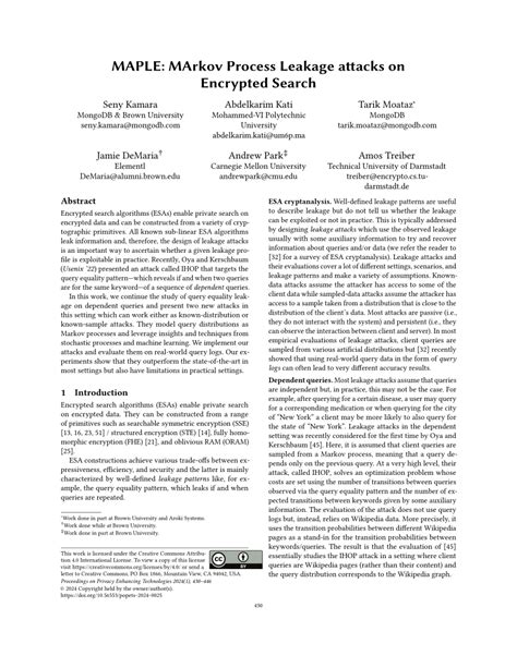 Pdf Maple Markov Process Leakage Attacks On Encrypted Search