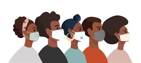 아프리카 계 미국인 의 그룹 질병 독감 대기 오염 오염 된 공기 세계 오염을 방지하기 위해 의료 마스크를 착용하는 남성과 여성 플랫 스타일의 다채로운 만화 벡터