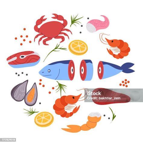 해산물 컬렉션 세트 벡터 그리기 그림 물고기 새우 게 참치 요리 해양 생물의 플랫 문어에 대한 스톡 벡터 아트 및 기타 이미지 문어 뼈 없는 부드러운 살 갑각류