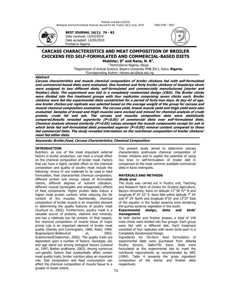 Pdf Carcass Characteristics And Meat Composition Of Broiler Chickens Fed Self Formulated And