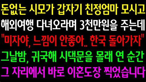 실화사연 돈없는 시모가 친정엄마 모시고 해외여행 다녀오라며 3천만원 주는데 미자야 느낌이 안좋아 한국 돌아가자 그날밤 귀국해 시댁문을 연 순간 그자리에서 이혼도장