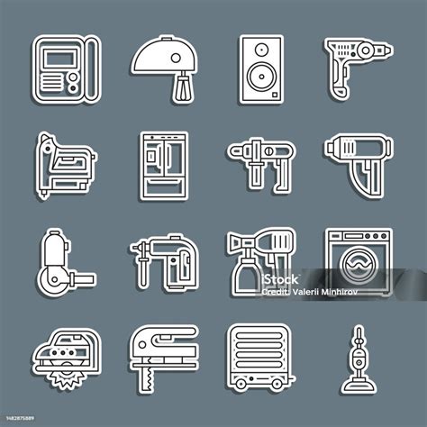 세트 라인 진공 청소기 세탁기 전기 산업용 건조기 스테레오 스피커 냉장고 건설 스테이플러 하우스 인터콤 시스템 및 드릴 머신 아이콘 벡터 Rotary