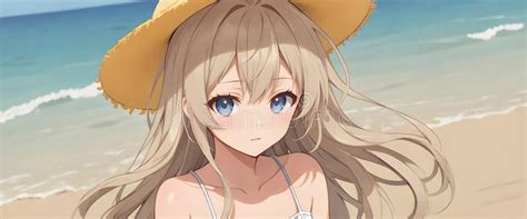 Portrait Of A Young Girl With Beautiful Eyes Wearing A Hat On The Beach