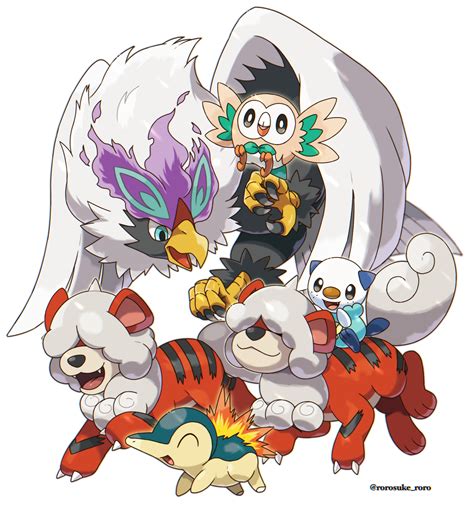 Rowlet Oshawott Cyndaquil Hisuian Growlithe And Hisuian Braviary Pokemon Drawn By Rorosuke