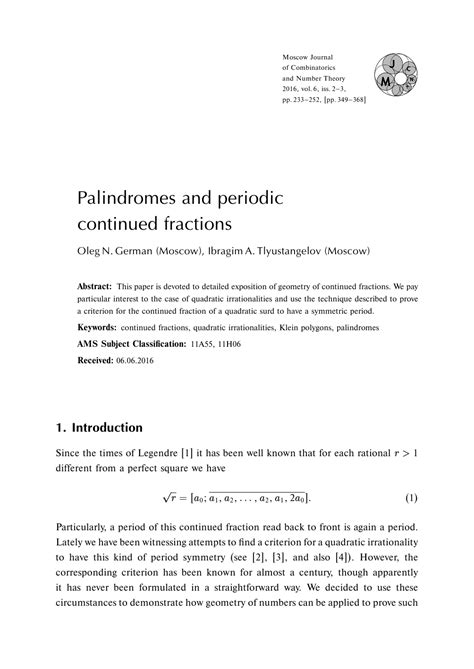 Moscow Journal Of Combinatorics And Number Theory