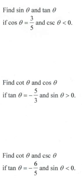 Solved Find sinθ and tanθ if cosθ and cscθ