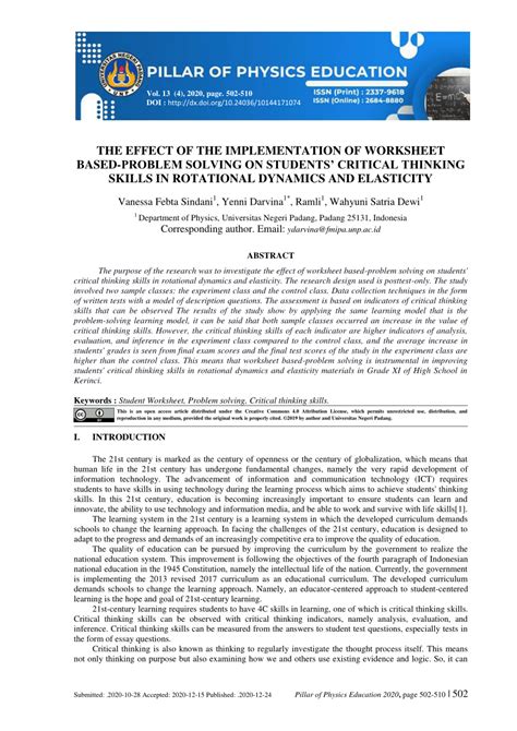pdf the effect of the implementation of worksheet based problem