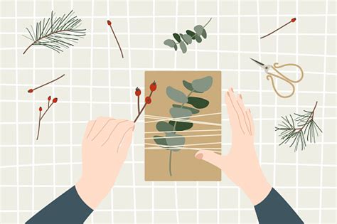 크리스마스 선물 휴일 워크샵을 포장 하는 여자 에코 장식 플랫 레이 크래프트 페이퍼에 선물 소박한 선물 상자 Xmas 및 새해 축하 준비 벡터 플랫 만화 스타일 12월에