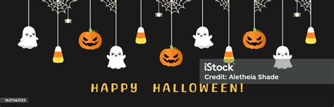 유령 사탕 옥수수 잭 오 랜턴 호박이 있는 해피 할로윈 국경 배너 으스스한 장식품 장식 벡터 그림 트릭 또는 치료 파티 초대장 10월에 대한 스톡 벡터 아트 및 기타 이미지