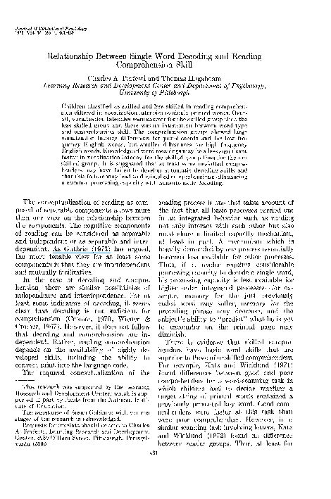 Pdf Relationship Between Single Word Decoding And Reading Comprehension Skill