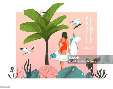 손 그린된 벡터 추상 만화 여름 시간 그래픽 일러스트 레이 션 카드 여자 유니콘 플 로트 링와 팜 트리 일몰 해변에 큰부리새 새와 여름 일 텍스트 흰색 배경에 고립 공기