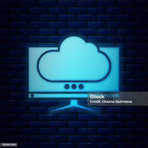 빛나는 네온 컴퓨터 모니터 화면 아이콘 벽돌 벽 배경에 격리 전자 장치 전면 뷰입니다 벡터 일러스트레이션 0명에 대한 스톡 벡터 아트 및 기타 이미지 Istock