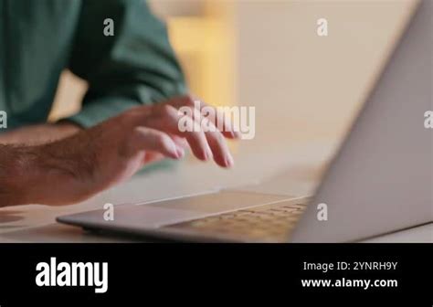 Man Fingers Tapping Touchpad Laptop Creating Program Code Closeup