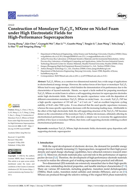 Pdf Construction Of Monolayer Ti3c2tx Mxene On Nickel Foam Under High Electrostatic Fields For