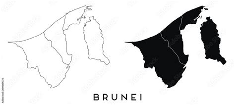Brunei Map Of Regions Districts Vector Black On White And Outline Stock