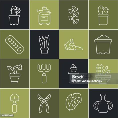 라인 꽃병 화분에 심기 흙이 있는 화분 담쟁이 가지 기상 온도계 선인장 페요테 및 깨진 아이콘을 설정합니다 벡터 갈퀴에 대한 스톡 벡터 아트 및 기타 이미지 Istock