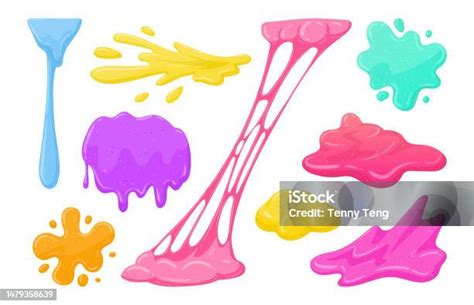 만화 끈적 끈적한 점액 끈적 끈적한 액체 점액이 튀고 점액이 튀습니다 젤리 물방울 반점 평면 벡터 일러스트 세트 기포에 대한 스톡 벡터 아트 및 기타 이미지 Istock