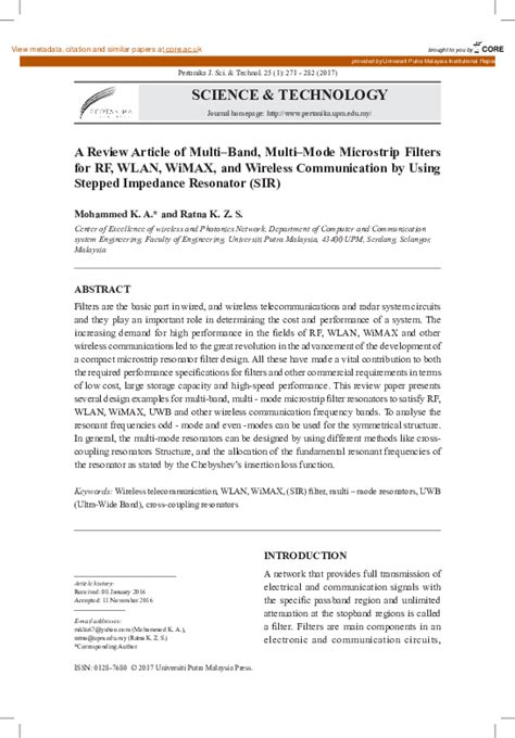 Pdf A Review Article Of Multi Band Multi Mode Microstrip Filters For Rf Wlan Wimax And