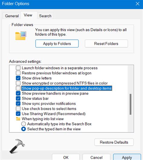 Disable Folder Pop Up Description In Windows