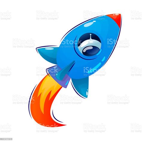 우주선은 창에 불과 우주 비행사 또는 우주 비행사와 만화 스타일로 비행 흰색 배경에 격리된 웹 디자인용 벡터 아이콘입니다 T 셔츠에 대한 스톡 벡터 아트 및 기타 이미지