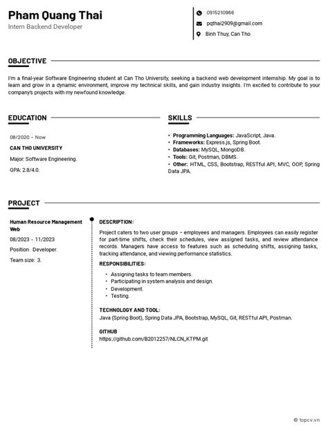 Pham Quang Thai Cv Intern Pdf Spring Framework Databases