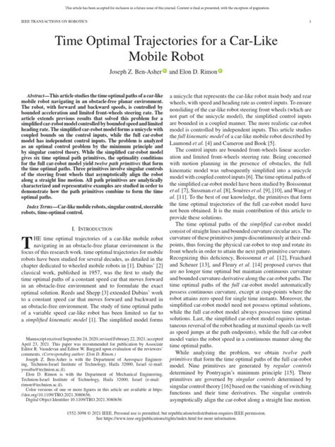 Time Optimal Trajectories For A Car Like Mobile Robot Pdf Optimal Control Kinematics