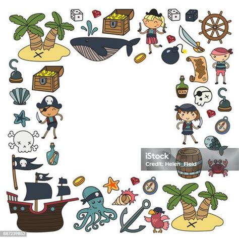 재생 해 적 소년과 소녀 유치원 학교 유치원 할로윈 파티 보물 섬 해 적 배 게 어린이 여행 모험 및 재미 생일 초대 앵무새 2 3 살에 대한 스톡 벡터 아트 및 기타