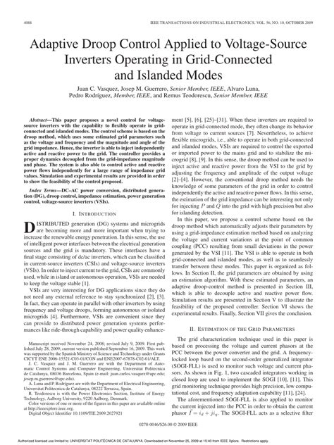 Pdf Adaptive Droop Control Applied To Voltage Source Inverters Operating In Grid Connected And