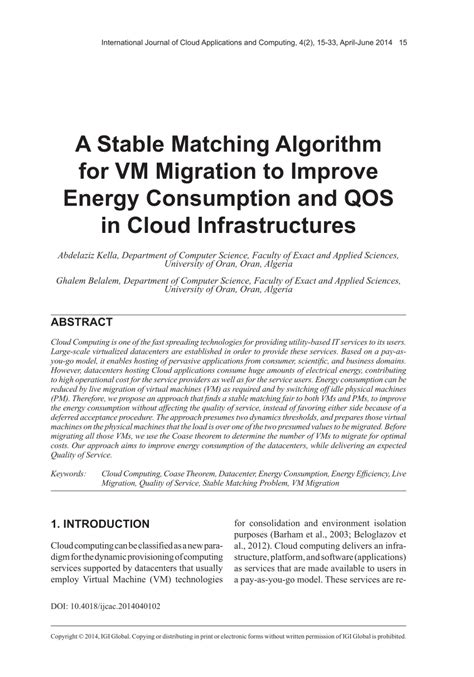 PDF A Stable Matching Algorithm For VM Migration To Improve Energy Consumption And QOS In