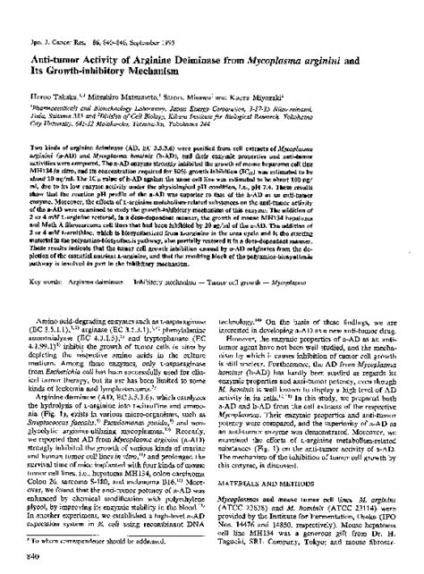Pdf Antitumor Activity Of Arginine Deiminase From Mycoplasma Arginini And Its Growth