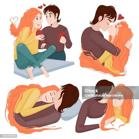 발렌타인 데이에 대한 사랑에 커플의 세트 흰색 배경에 고립 작은 남자와 빨간 머리 소녀 포옹과 키스 벡터 일러스트레이션 가정 생활에 대한 스톡 벡터 아트 및 기타 이미지