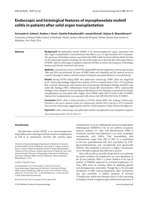 Pdf Endoscopic And Histological Features Of Mycophenolate Mofetil Colitis In Patients After