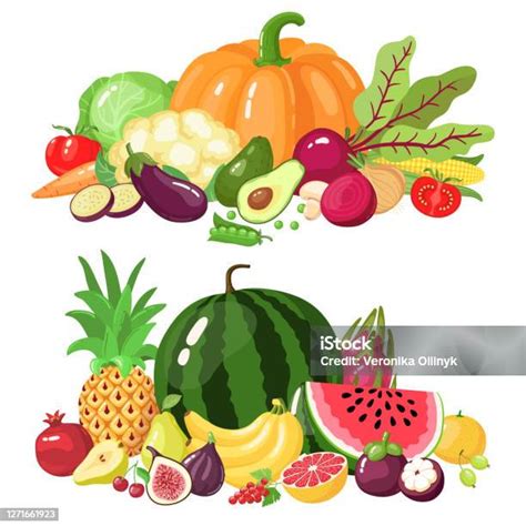 야채와 과일 만화 채식 음식 수박 호박과 사과 비타민 신선한 채소와 과일 벡터 일러스트 아이콘 세트 가지 채소에 대한 스톡 벡터 아트 및 기타 이미지 Istock