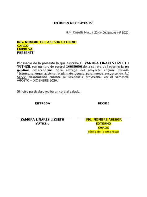 Oficio De Entrega De Proyecto Pdf
