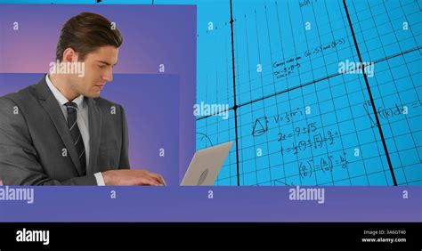 Image Of Data Processing And Mathematical Equations Over Businessman Using Laptop Tablet