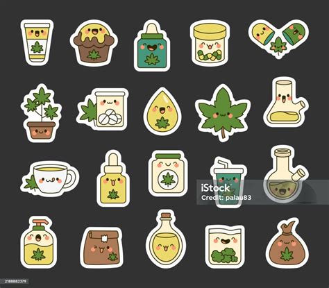 머핀 캡슐 식물 차 봉 기름 건강 관리 파우치 등 다양한 아이템을 특징으로 하는 귀여운 카와이 만화 캐릭터가 있는 대마초 제품 세트 가공의 인물에 대한 스톡 벡터 아트 및