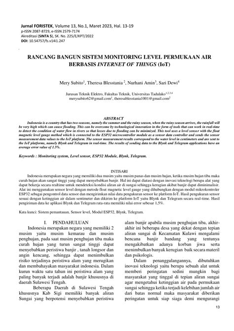 Pdf Rancang Bangun Sistem Monitoring Level Permukaan Air Berbasis Internet Of Things Iot
