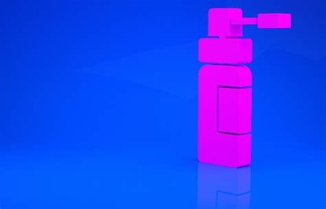 파란색 배경에 고립 된 코와 인후 아이콘의 질병 치료를위한 노즐 스프레이가있는 분홍색 의료 병 미니멀리즘 개념 3d 일러스트레이션 3d 렌더링 3차원 형태에 대한 스톡 사진