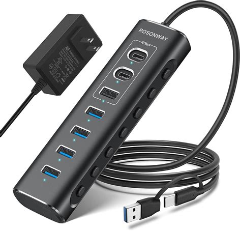 Powered Usb Hub Rosonway 7 Port Usb 32usb C Hub With 10gbps Usb A 32 2 Usb C 32 4 Usb 30