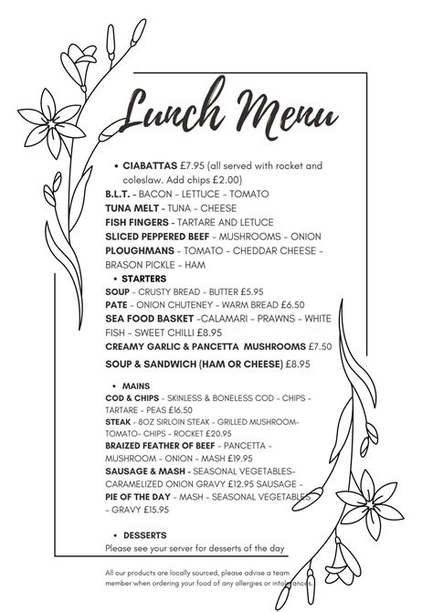Lunch Menu The Shoulder At Hardstoft