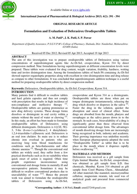 Pdf Formulation And Evaluation Of Deferasirox Orodispersible Tablets