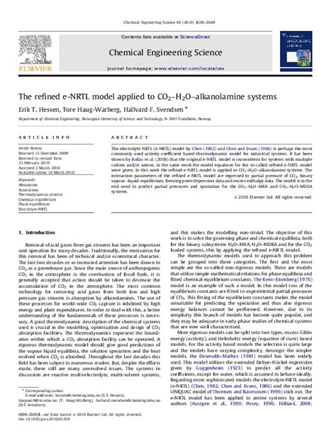 Pdf The Refined E Nrtl Model Applied To Co 2 H 2o Alkanolamine Systems
