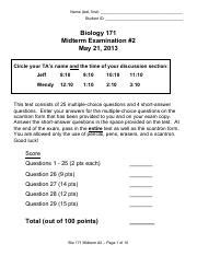 BIOL171 MT2 2013 KEY Pdf Name Last First Babe ID Biology 171 Midterm Examination 2 May
