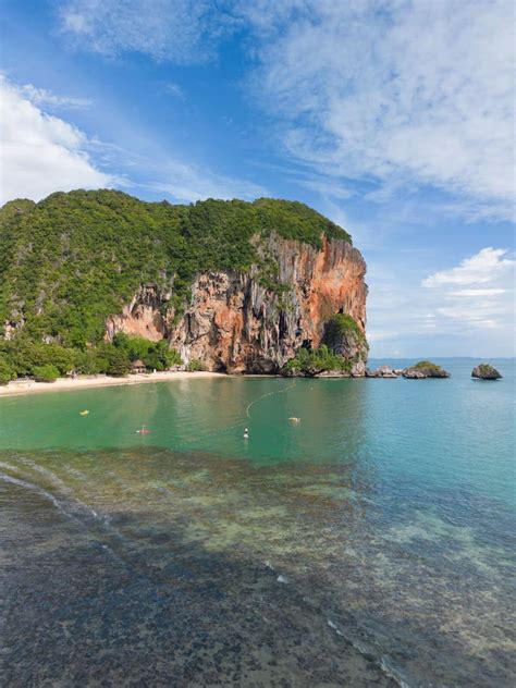 Aerial View Of Tropical Sandy Railay Beach With Limestone Cliffs Krabi